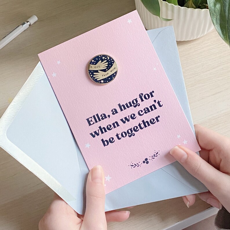 Personalised Hugs From A Distance Pin Badge Card | Etsy