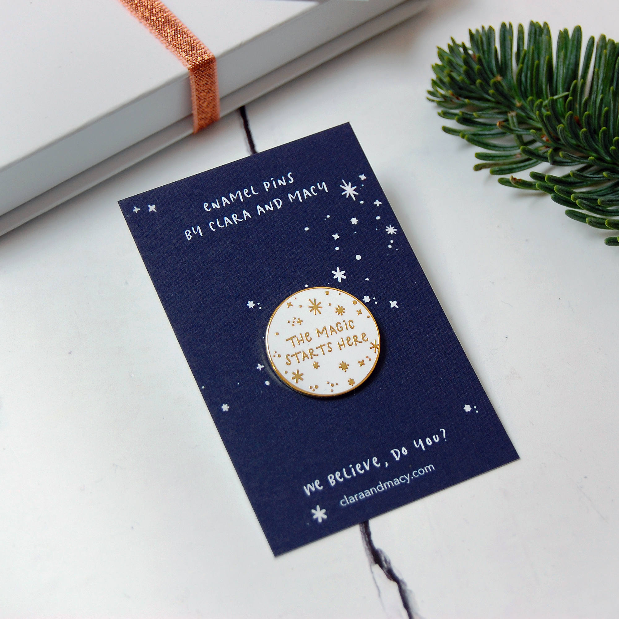 Pair of Pins, I Believe Enamel Pin and the Magic Starts Here Pin Badge ...