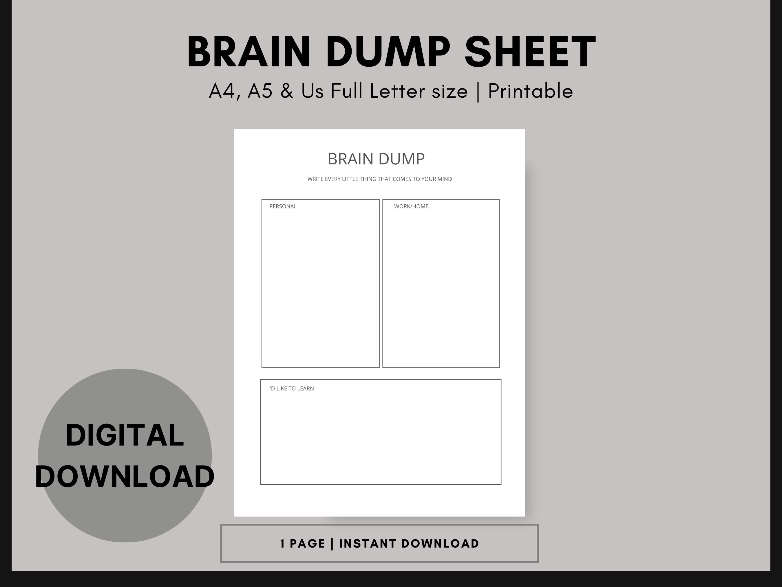 Minimalist Brain Dump Sheet Printable, Digital Printable, Printable ...