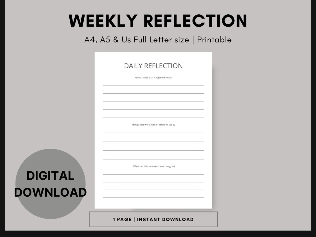 Minimalist Weekly Reflection Sheet Printable, Digital Printable ...