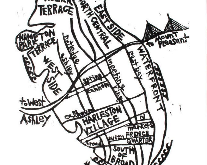 Charleston - Map of the Peninsula - Linoleum Block Print - 11"x14" Wall ...