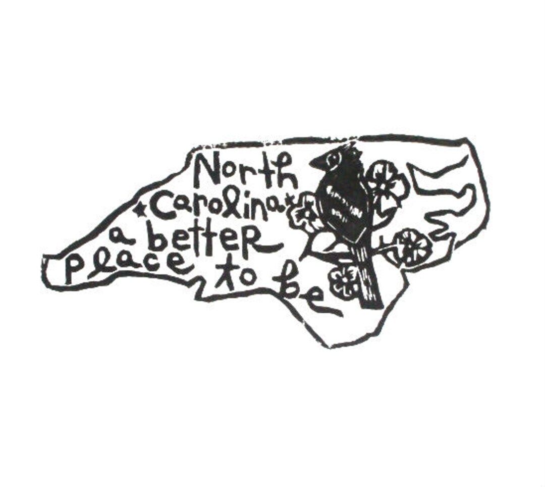 North Carolina State Linoleum Block Print With Text + State Bird and ...