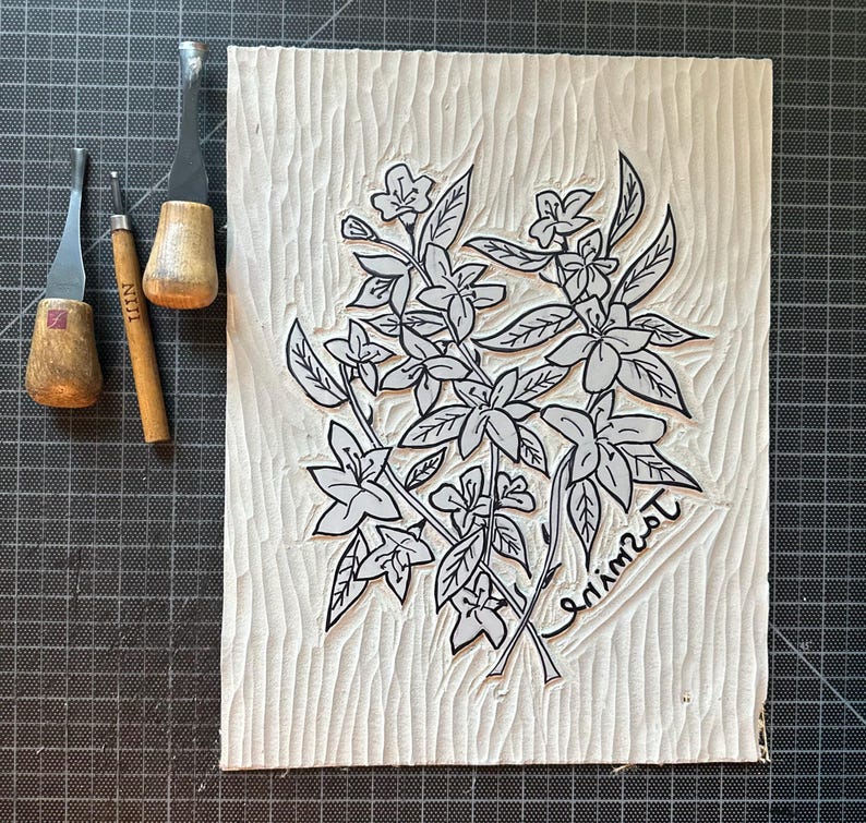Jasmine - Linoleum Block Print - 11”x14” Wall Art - Etsy