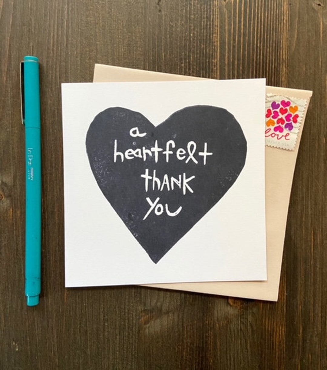 A Heartfelt Thank You - Notecard - Hand Printed - Blank Inside - Etsy