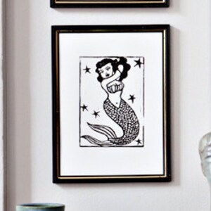 Mermaid - Linoleum Block Print - 9" X 12" Wall Art - Etsy