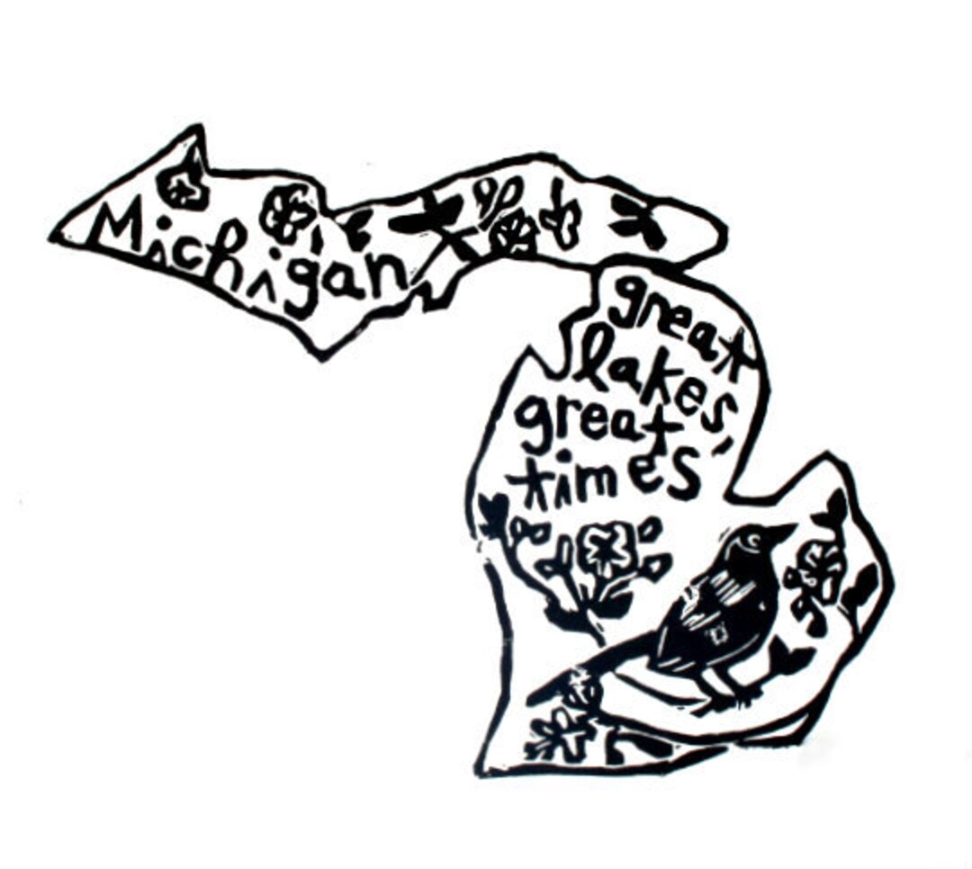 Michigan State Linoleum Block Print With Text + State Bird and Flower ...