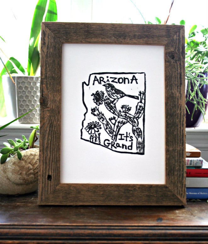 Arizona State Linoleum Block Print With Text State Bird and | Etsy