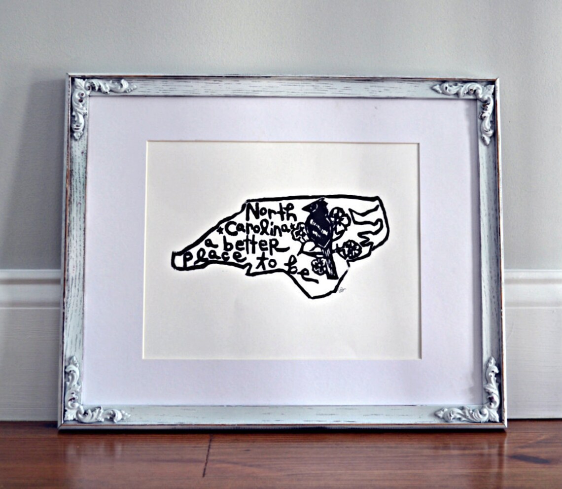 North Carolina State Linoleum Block Print With Text State - Etsy