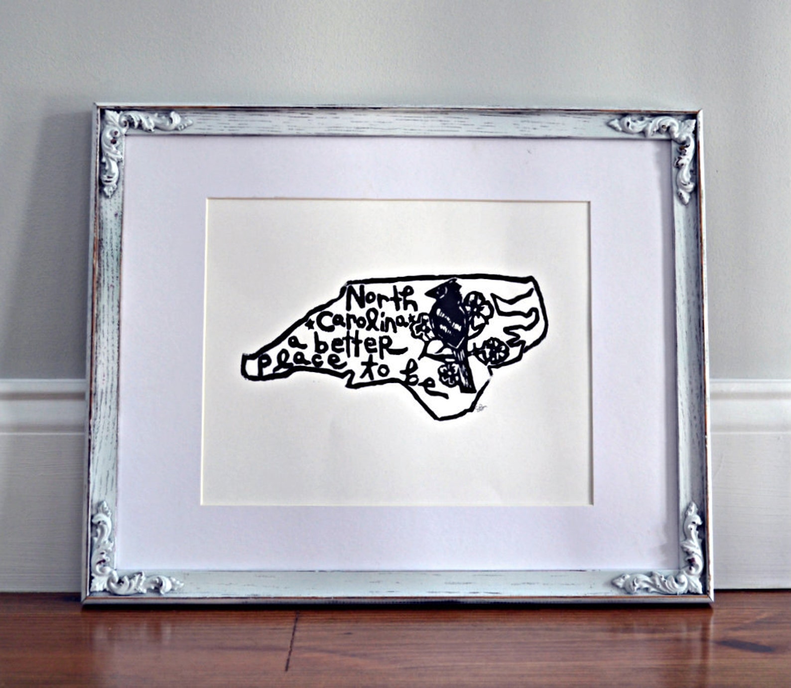 North Carolina State Linoleum Block Print With Text State - Etsy