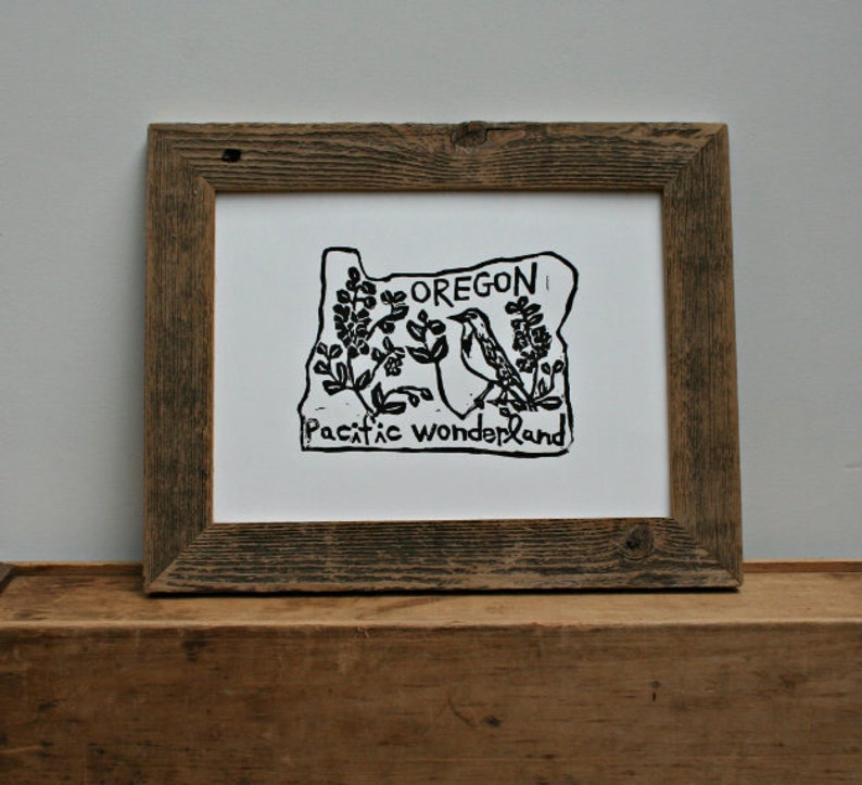 Oregon State Linoleum Block Print With Text State Bird and | Etsy