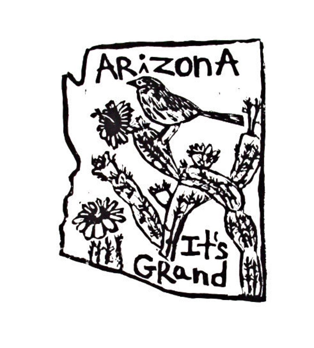 Arizona State Linoleum Block Print With Text + State Bird and Flower ...