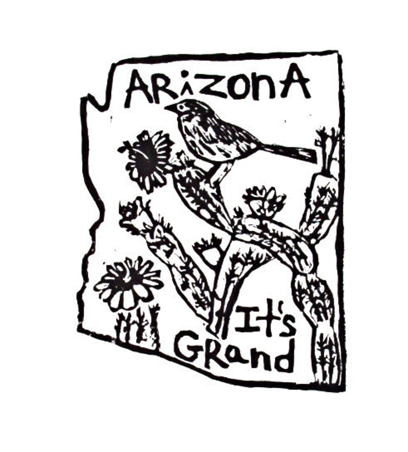 Arizona State Linoleum Block Print With Text State Bird and - Etsy
