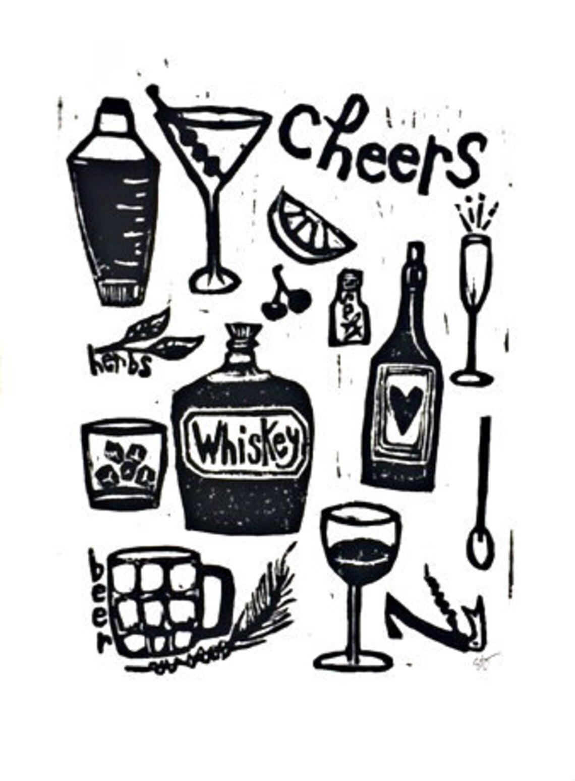 Cheers Linoleum Block Print 9x12 Wall Art - Etsy