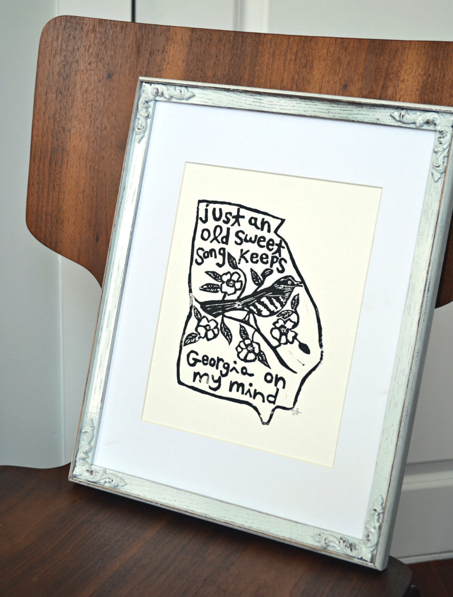 Georgia State Linoleum Print With Text + State Bird and Flower - 9"x12 ...