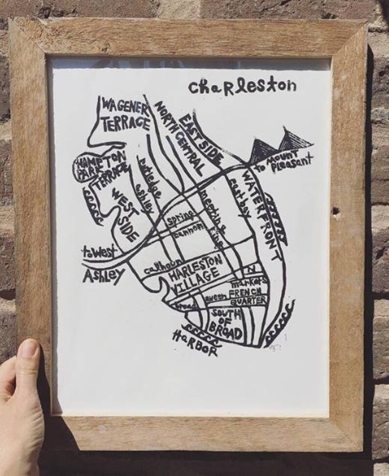 Charleston Map of the Peninsula Linoleum Block Print | Etsy