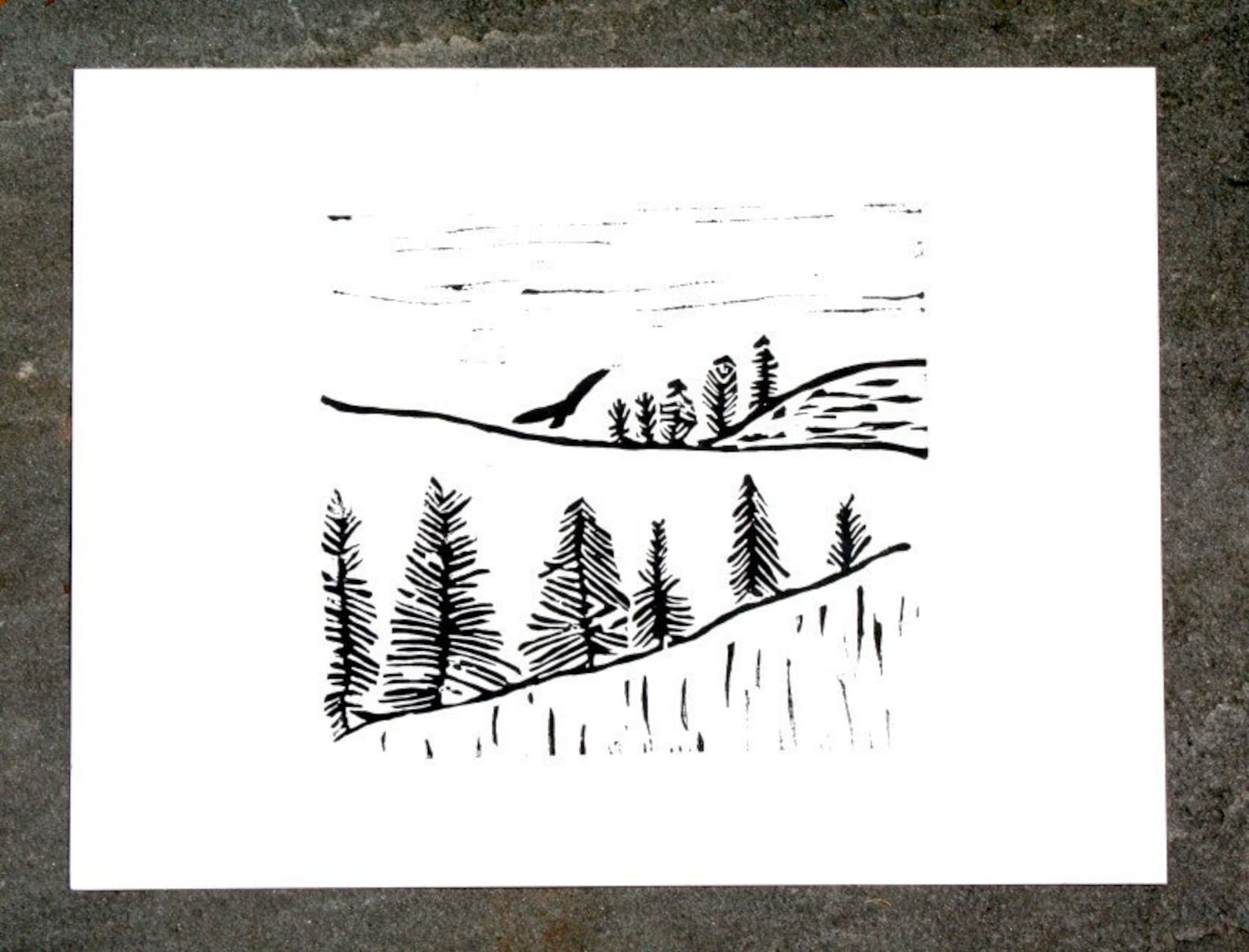Winter Landscape - Linoleum Block Print - 9" X 12" Wall Art - Etsy