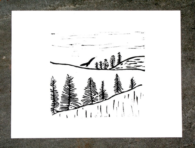 Winter Landscape Linoleum Block Print 9 X 12 - Etsy