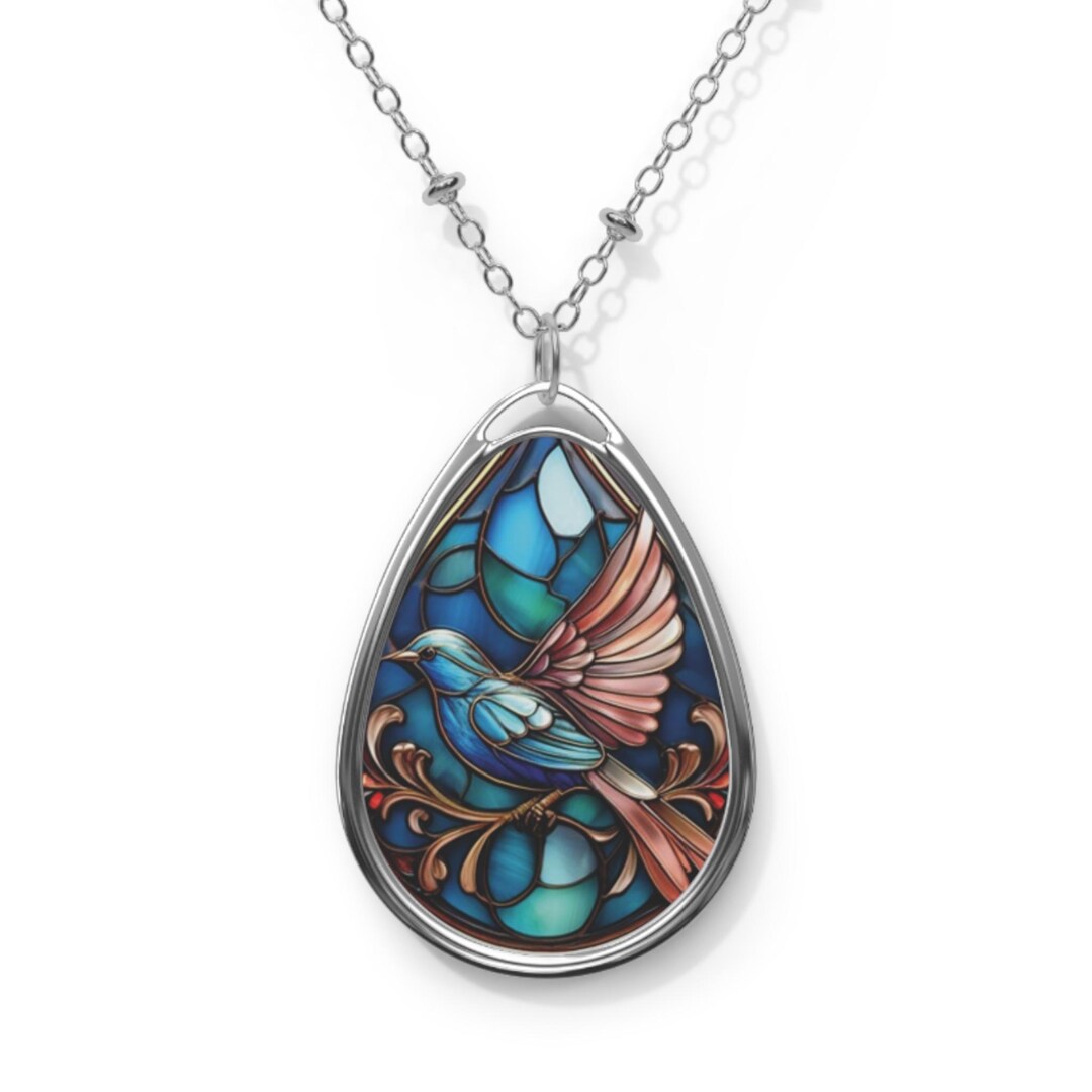 Bluebird Teardrop Pendant: Art Nouveau Stained Glass Style Necklace - Etsy