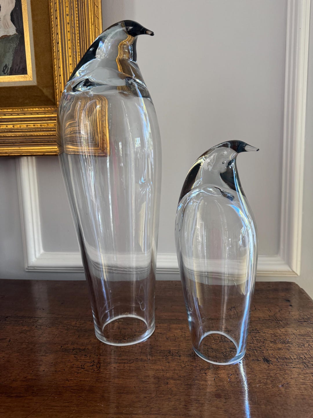 Pair of Blenko Clear Glass Don Shepherd Design Penguins 16 Inch and 10. ...