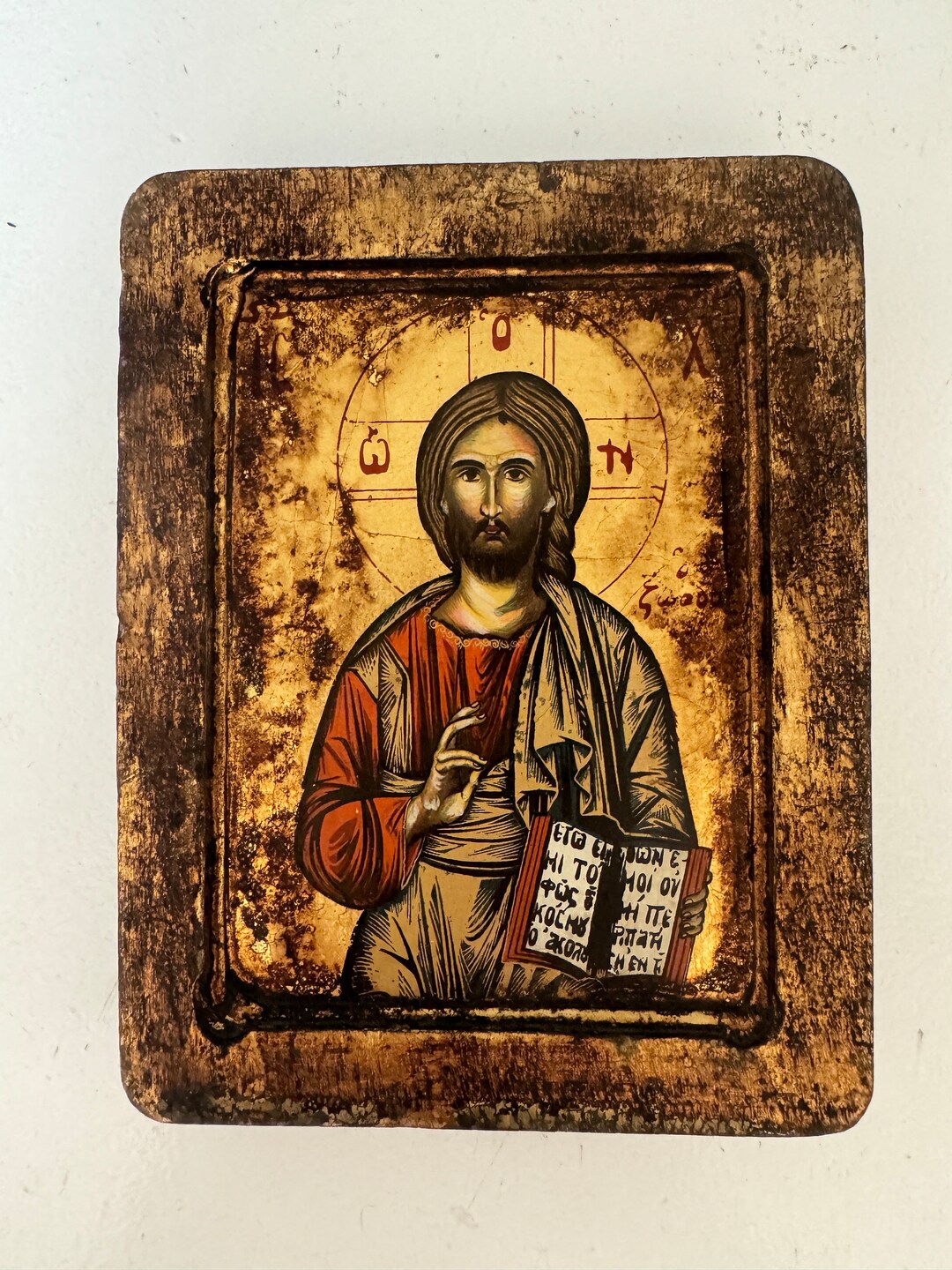 Vintage Jesus Christ Icon Gold Leaf Painted on Wood Jesus With Open ...