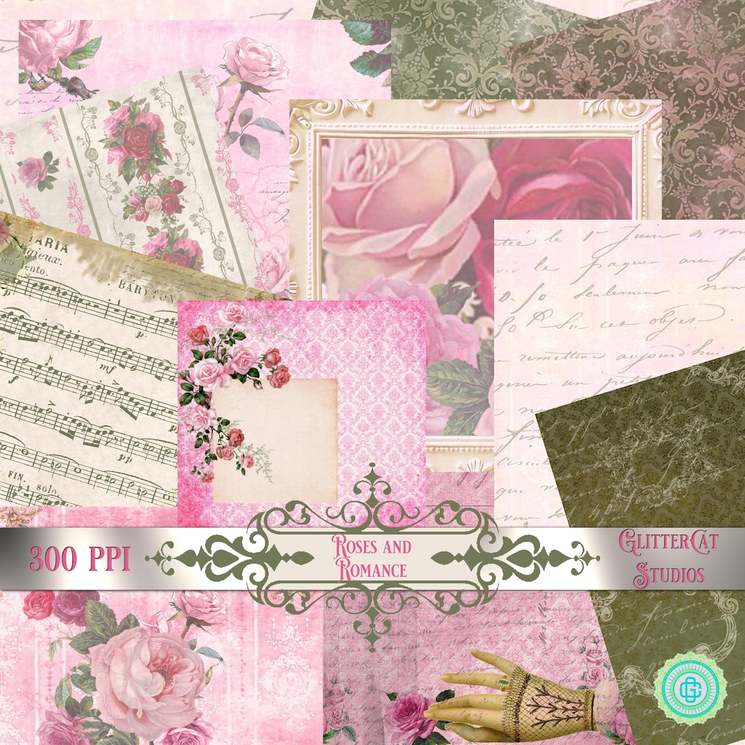 DIGITAL PAPER PACK: 8" X 8" Pink, Green, Damask, Collage, Vintage ...
