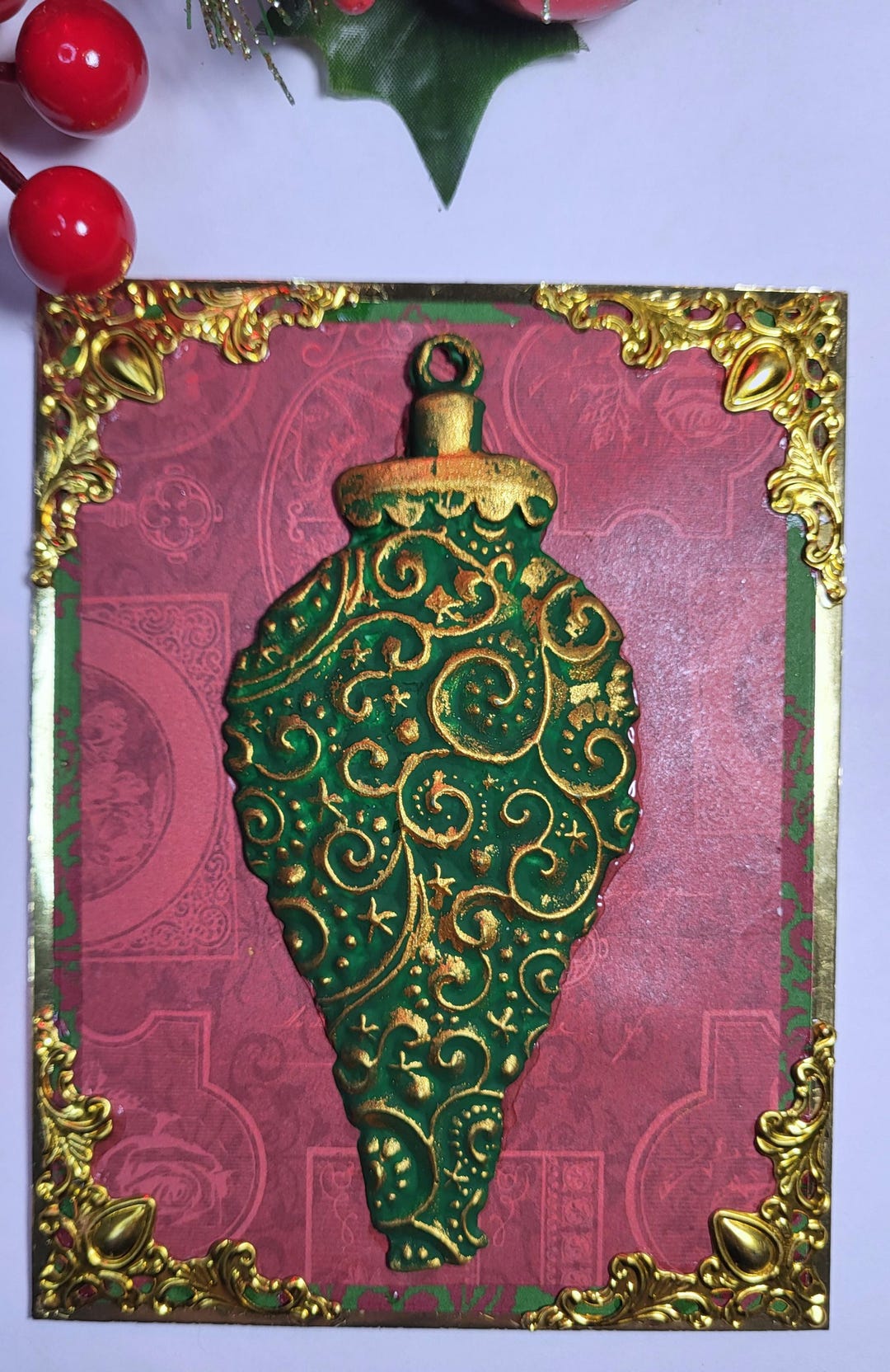 HANDMADE CHRISTMAS Card: Ornament, Red, Green, Gold, Resin Bell ...