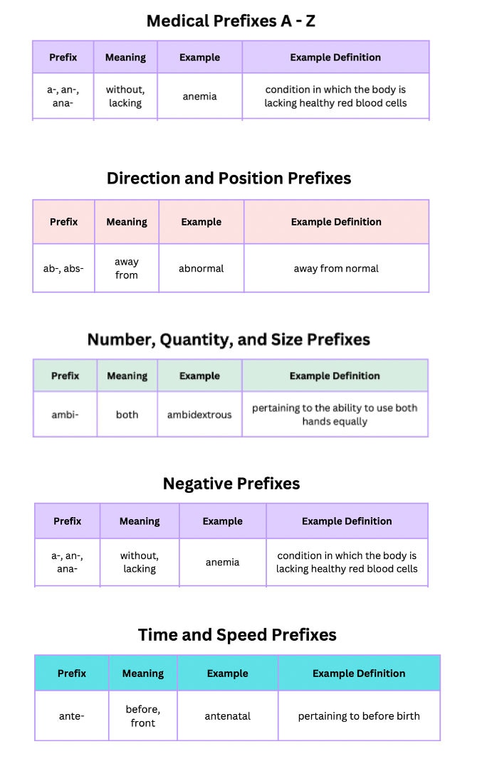 Medical Terminology Prefixes - List, Direction and Position, Negative ...
