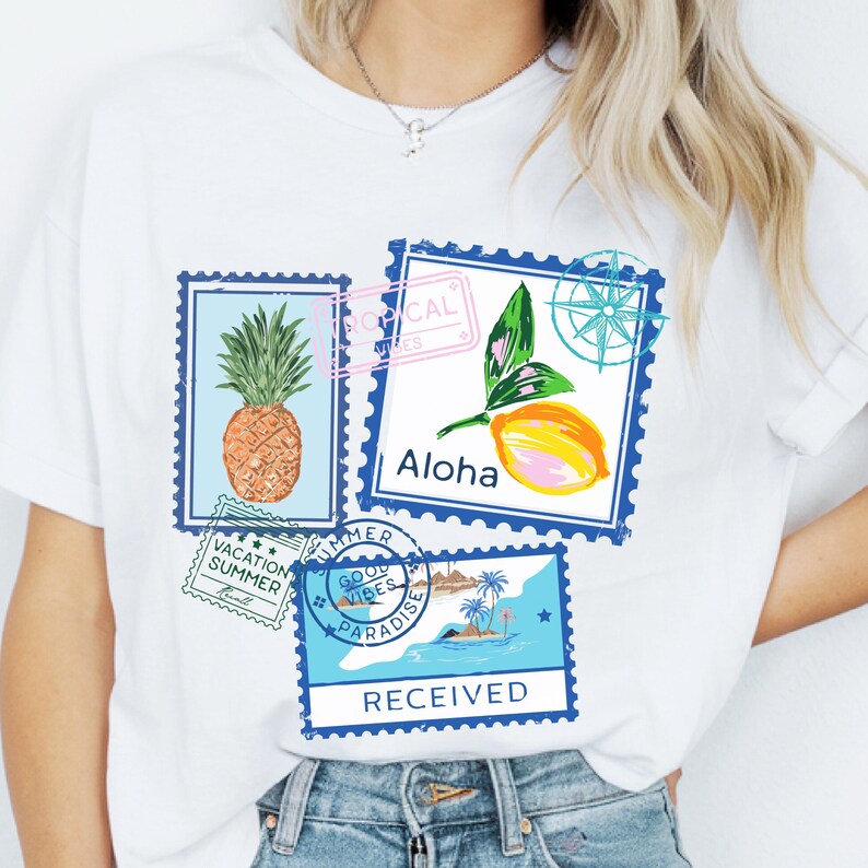 Tropical Stamp Style T-shirt – 2025 Summer Trend, Postage Stamp Tee ...