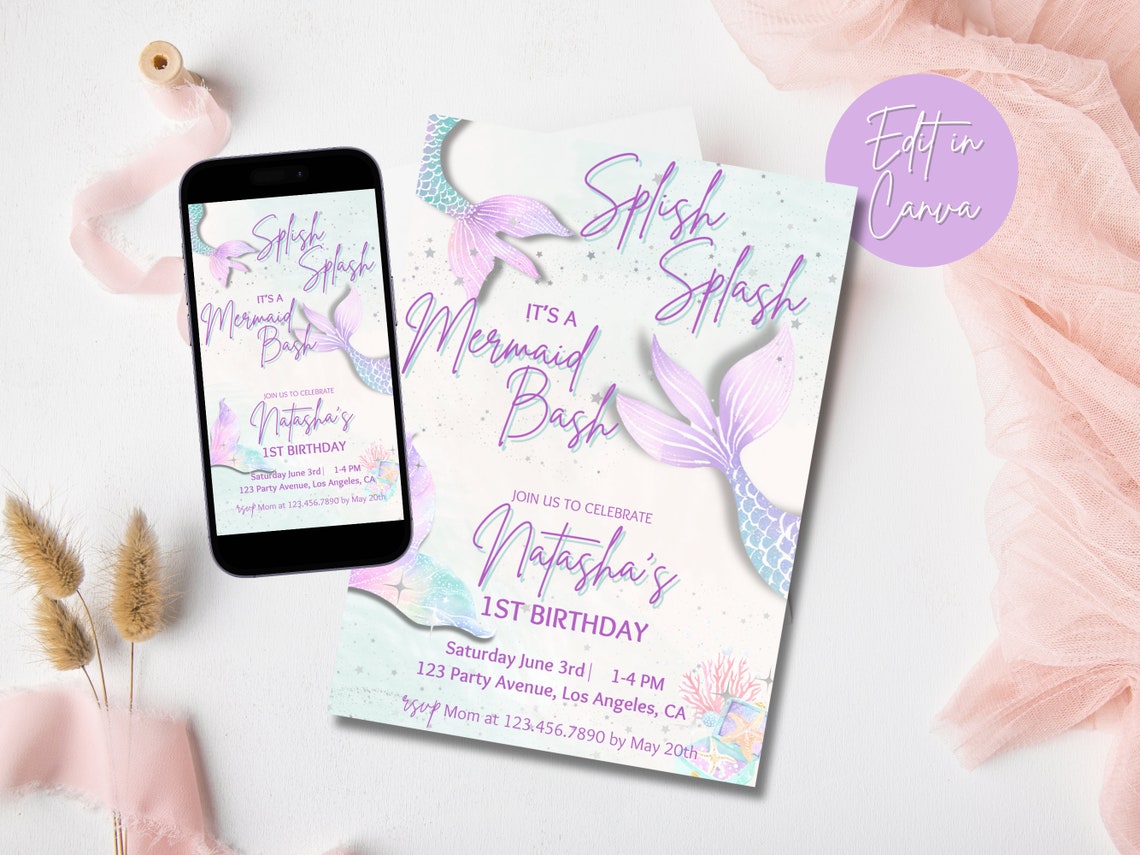 Editable Mermaid Birthday Invitation, Mermaid Bash Under the Sea ...
