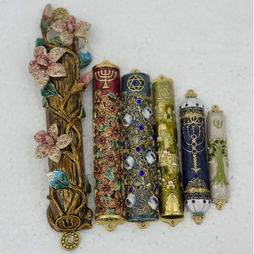 Mezuzah Case With Scroll, Hand Painted Enamel Embellished by Crystals ...