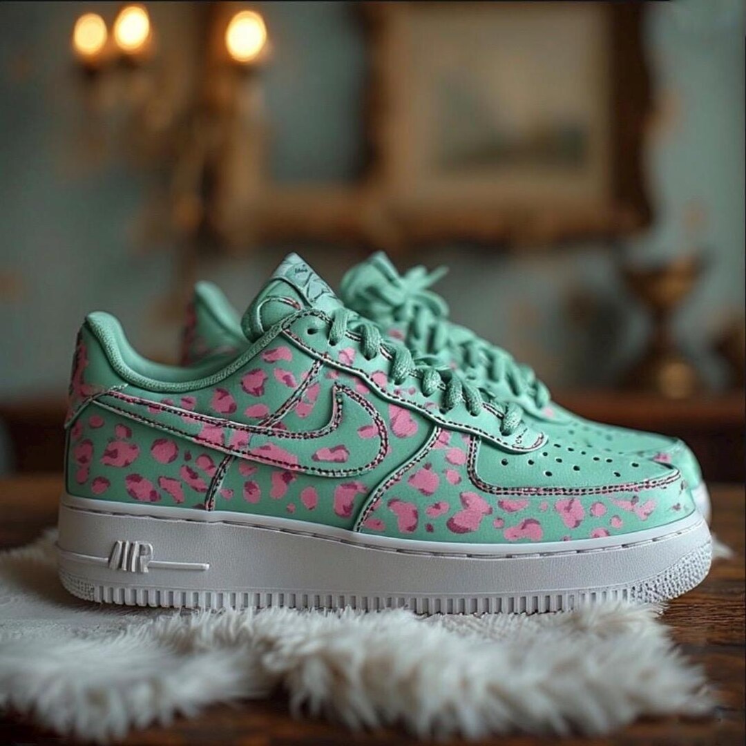 Custom Painted Nike Air Force One Low Mint Green Pink Leopard | Hand ...