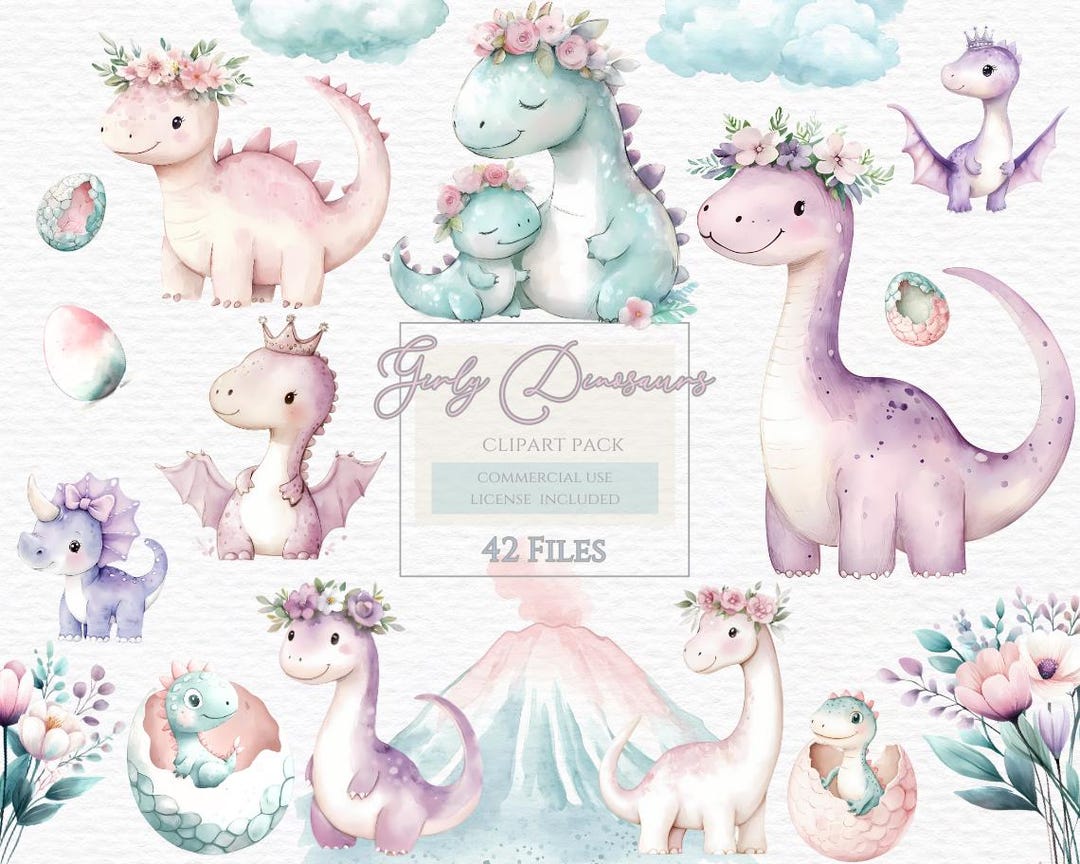 Watercolor Girly Dinosaurs Clipart, Dinosaur Clipart, Girly Dinosaurs ...
