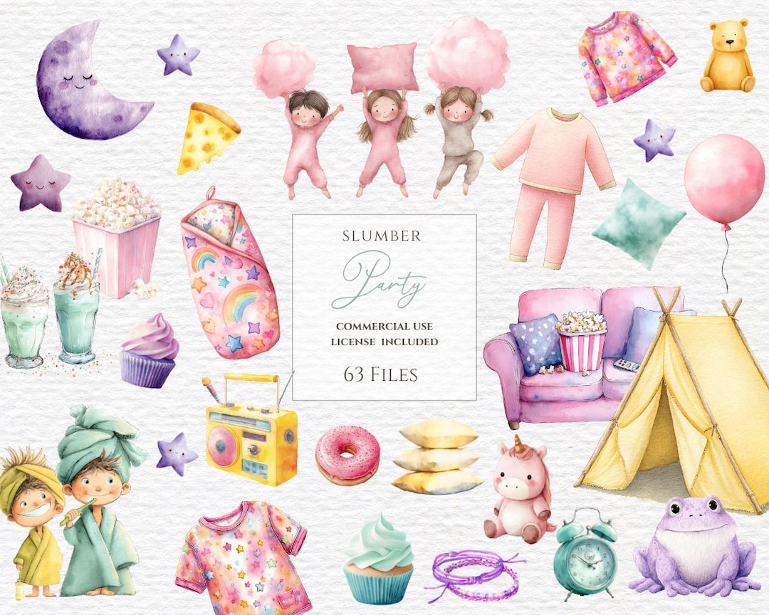 Slumber Party Clipart Bundle, Sleepover Birthday Watercolor Clipart ...