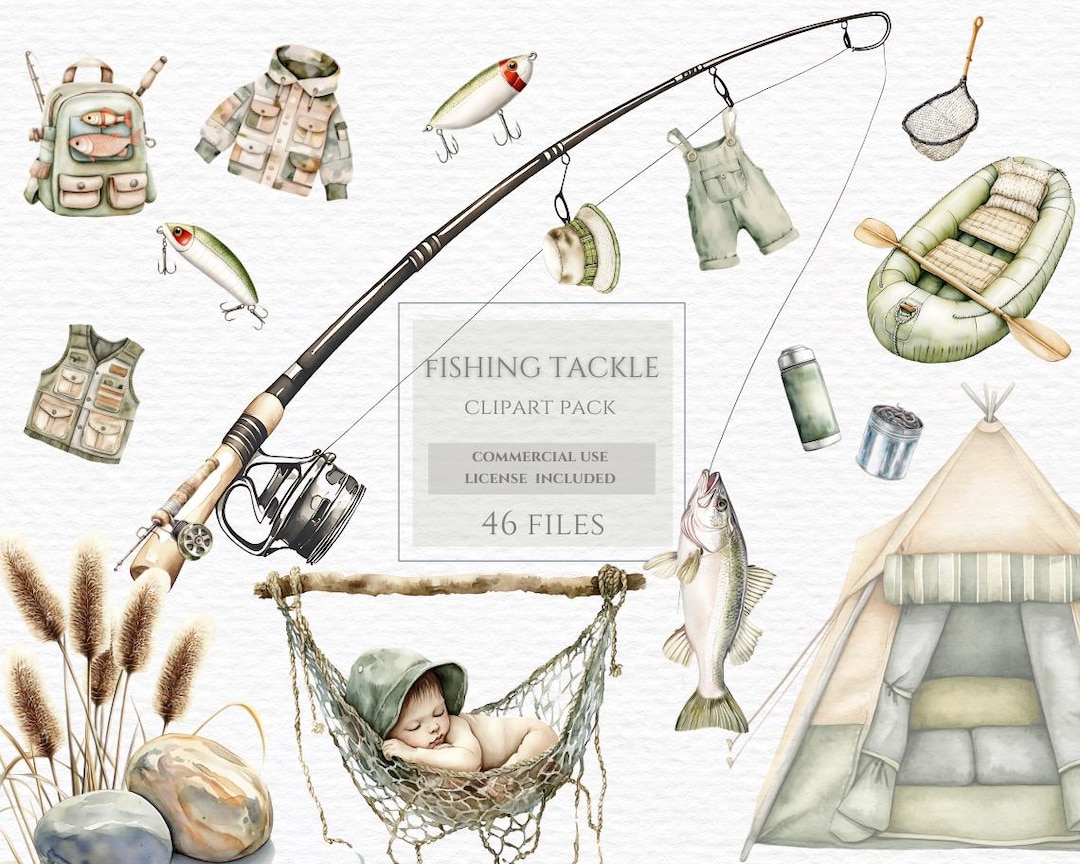 Fishing Tackle Watercolor Clipart, Fishing Clipart, Watercolor Fishing ...