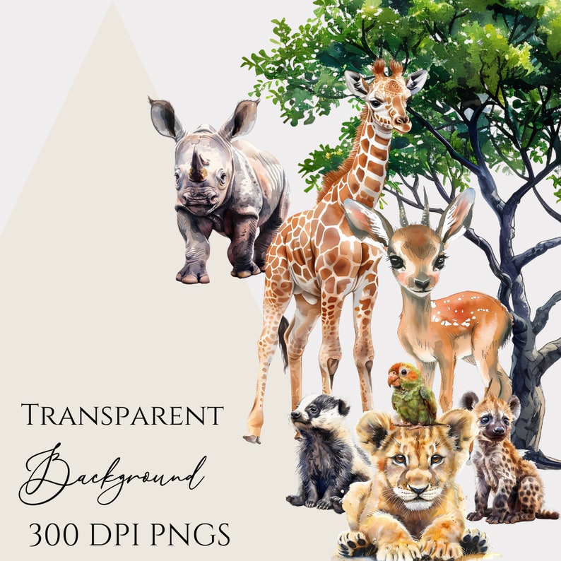 Jungle Clipart Bundle, Watercolor Jungle Cute Baby Animals Pngs, Safari ...