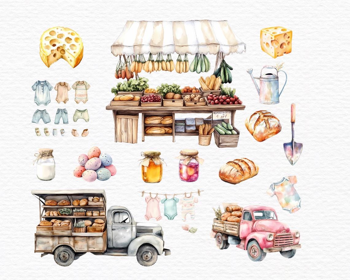 Farmers Market Stand Clipart, Clipart Bundle, Watercolor Clipart ...