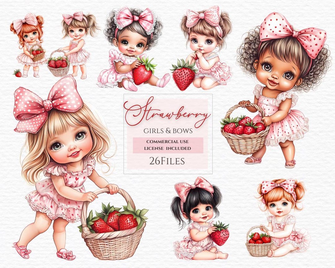 Cute Strawberry Baby Girl Clipart, Strawberries Clipart, Pink Bow ...