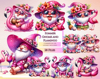 Pink Flamingo Gnome Watercolor Clipart, Tropical PNG Images (digital ...