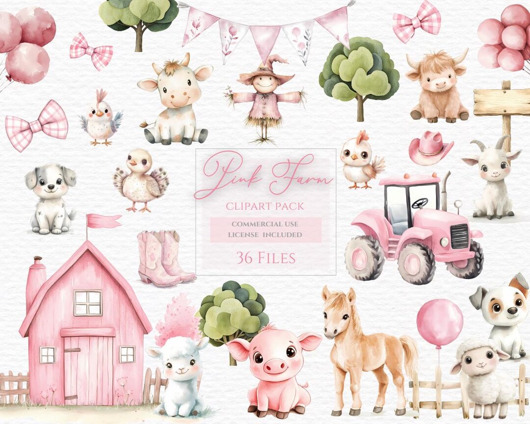 Watercolor Pink Cute Farm Clipart, Commercial Use, Watercolor Clipart ...
