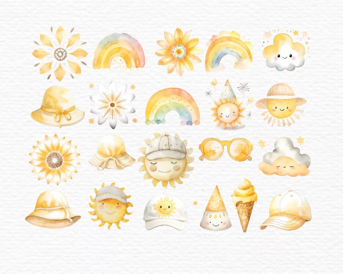 Cute Sun Clipart, Sun Clipart, Watercolor Sun PNG, Summer Clipart ...