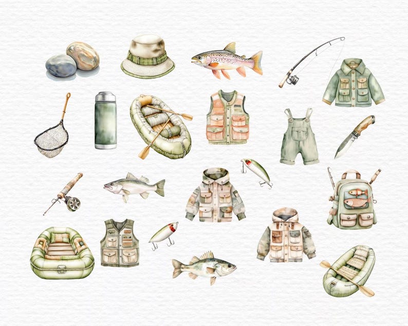 Fishing Tackle Watercolor Clipart, Fishing Clipart, Watercolor Fishing ...
