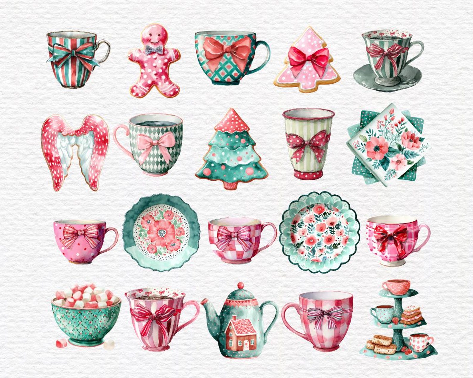 Christmas Tea Cups Clipart Watercolor Pink Christmas Png, Coquette Cups ...