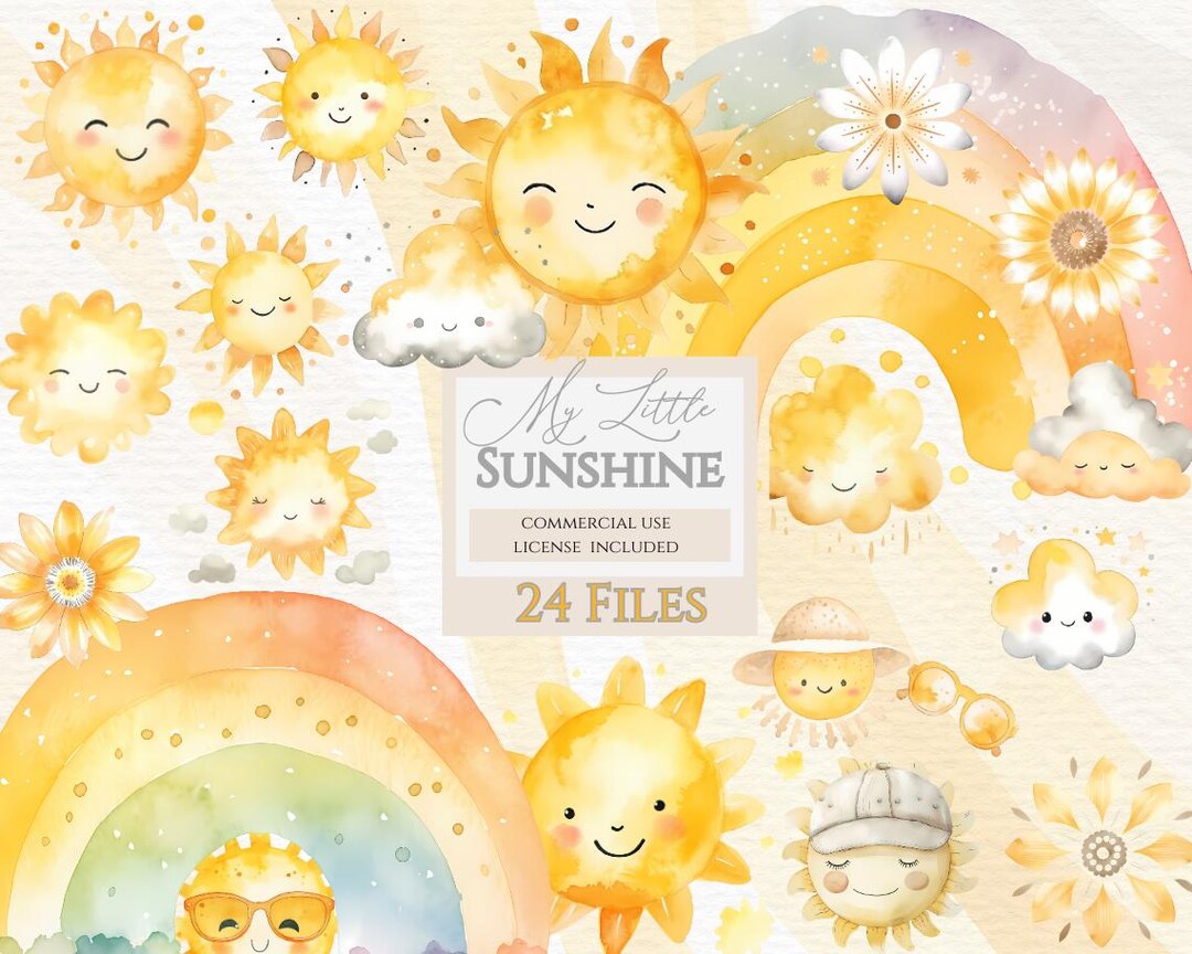 Cute Sun Clipart, Sun Clipart, Watercolor Sun PNG, Summer Clipart ...