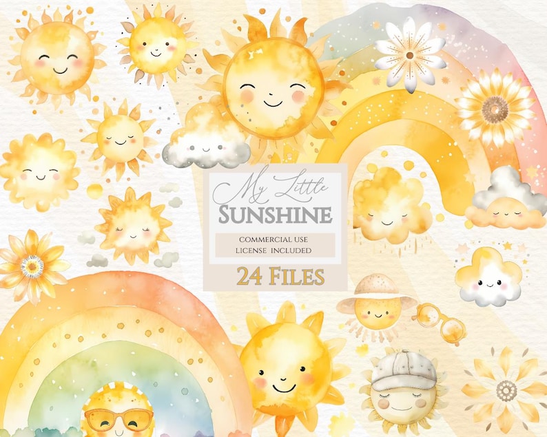 Cute Sun Clipart, Sun Clipart, Watercolor Sun PNG, Summer Clipart ...