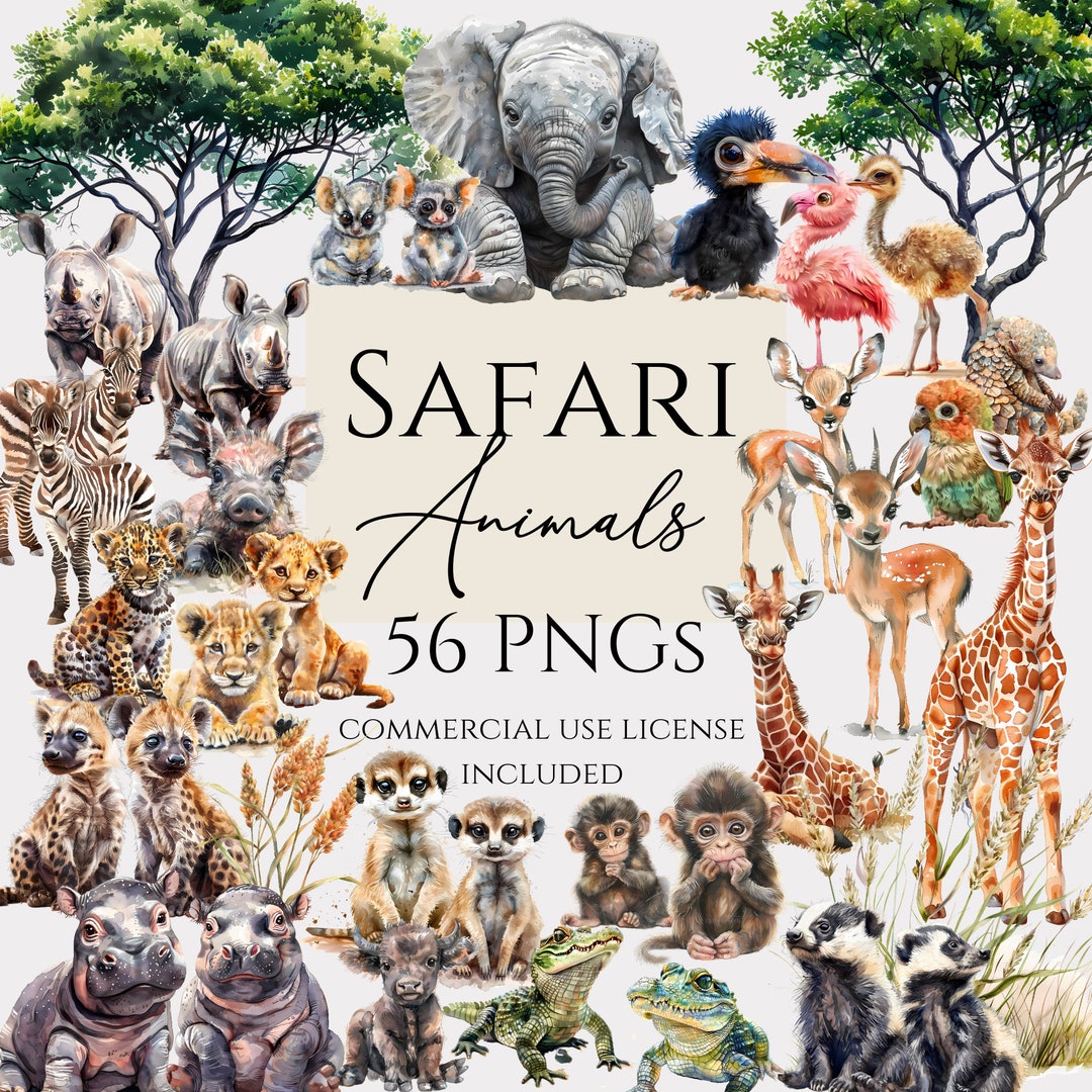 Jungle Clipart Bundle, Watercolor Jungle Cute Baby Animals Pngs, Safari ...