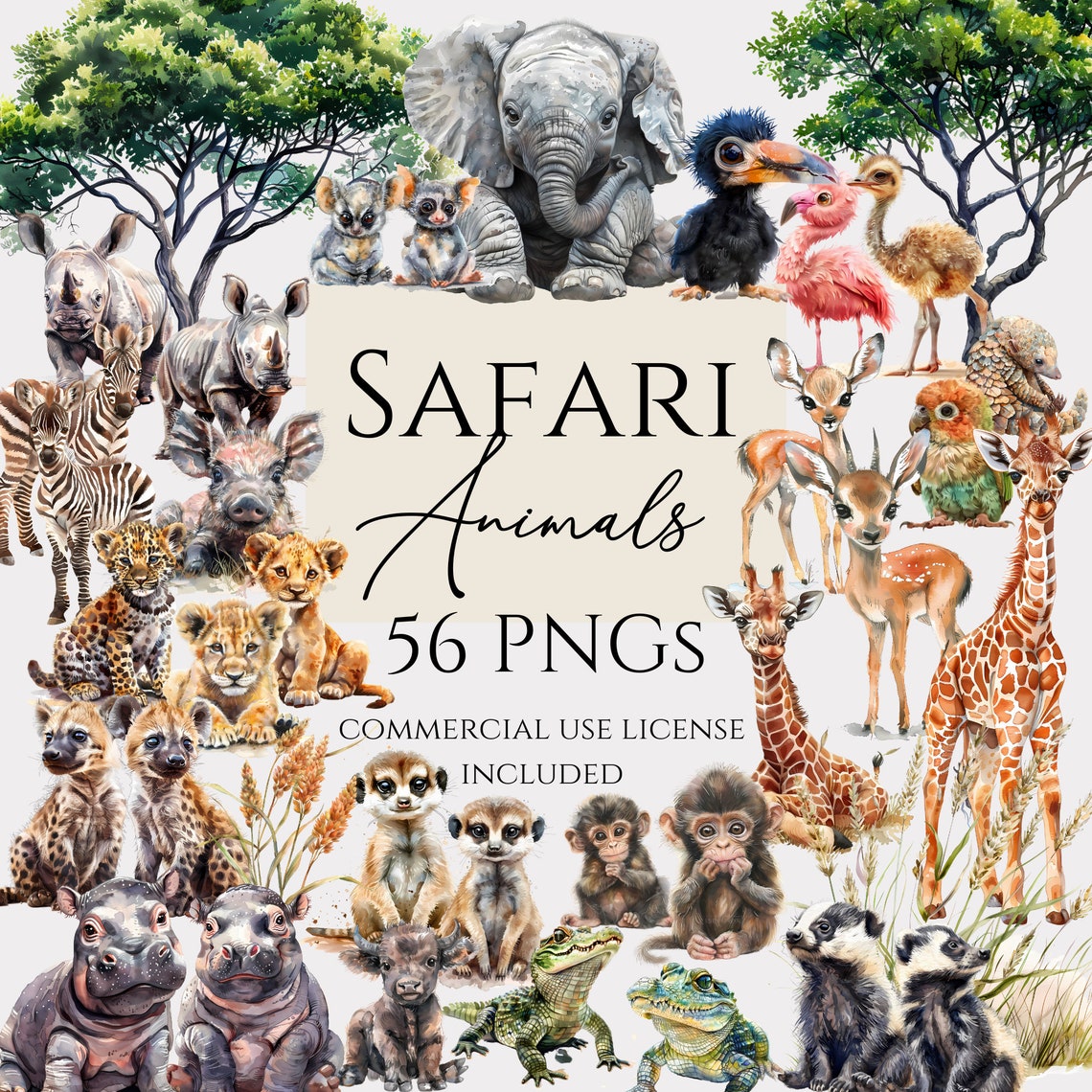 Jungle Clipart Bundle, Watercolor Jungle Cute Baby Animals Pngs, Safari ...