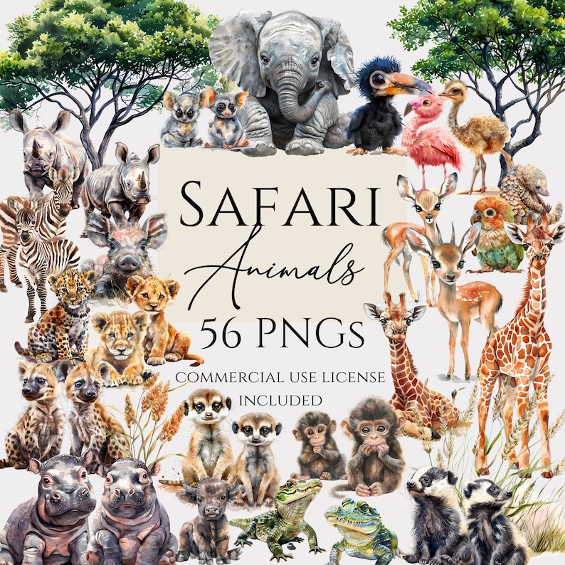 Jungle Clipart Bundle, Watercolor Jungle Cute Baby Animals Pngs, Safari ...