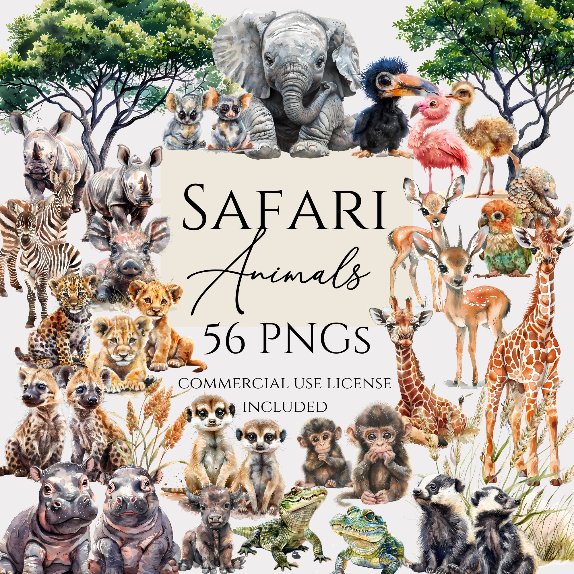 Jungle Clipart Bundle, Watercolor Jungle Cute Baby Animals Pngs, Safari ...