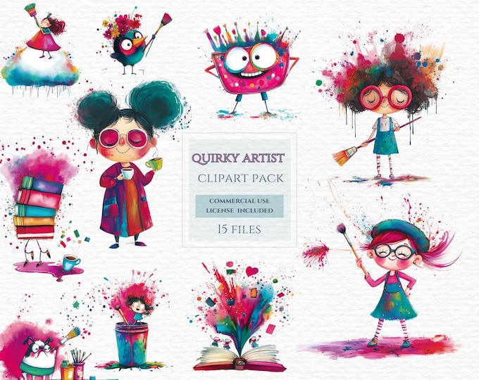 Quirky Girl Artist Clipart 10JPG Whimsical Artist Cute Girls Watercolor ...
