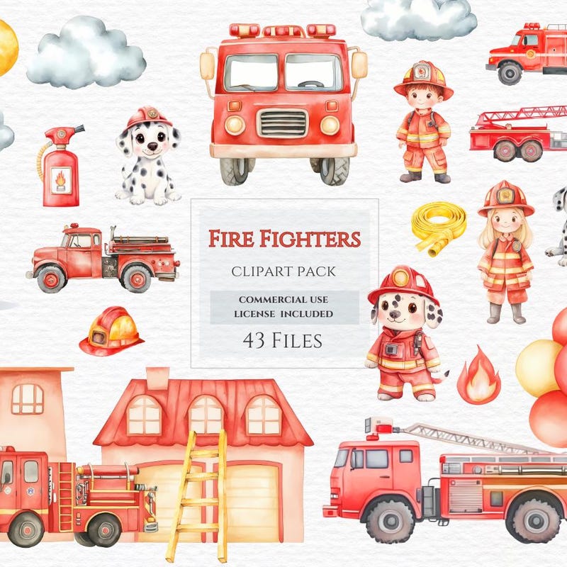Firetruck Watercolor - Etsy